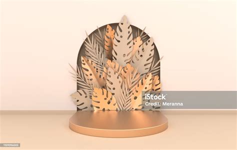 아치 열대 종이 손바닥 몬스터 잎과 프레임 제품 프리젠 테이션을위한 연단 플랫폼벽 장면 여름 열대 잎입니다 파스텔과 골드 색상 용지 잘라내기 3d 렌더링 아치 건축적 특징에