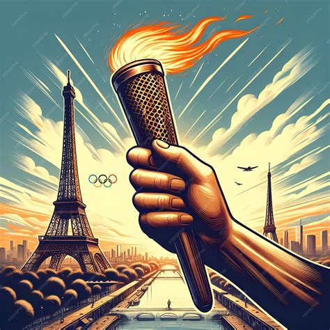 Premium Photo Hand Holding Flaming Olympic Torch Beside The Eiffel Tower