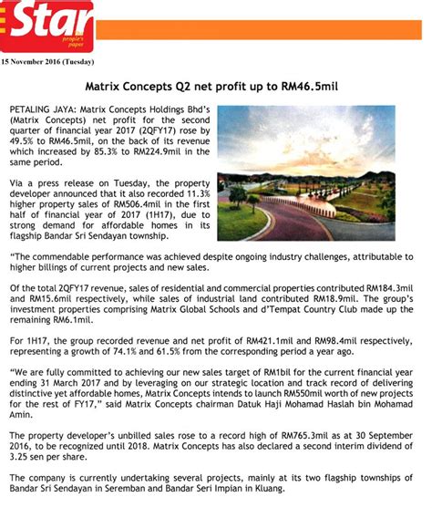 Matrix Concepts Q2 Net Profit Up To Rm465mil The Star Matrix