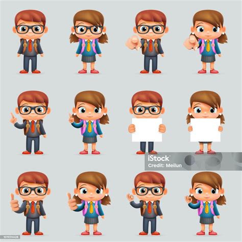 여 학생 남학생 교육 우수한 학생 천재 학교 배낭 영리한 학생 소녀 스마트 유니폼 정장 3d 만화 문자 벡터 일러스트 레이 션 감정에 대한 스톡 벡터 아트 및 기타 이미지
