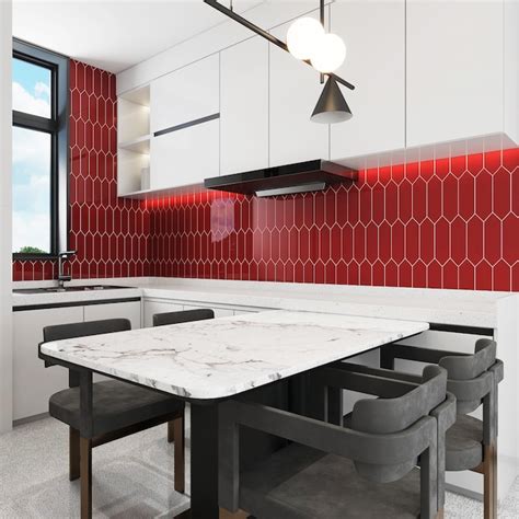 Giorbello Picket Hexagon Ruby Red 3 In X 9 In Glossy Glass Subway Wall