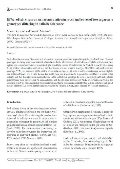 Pdf Effect Of Salt Stress On Salt Accumulation In Roots And Leaves Of Two Sugarcane Genotypes