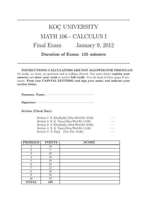Integrals Calculus One Exam Docsity