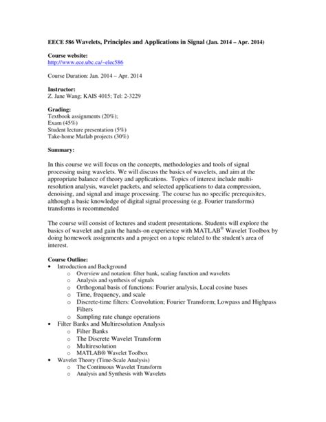 EECE 586 Wavelets Principles And Applications In Signal Jan