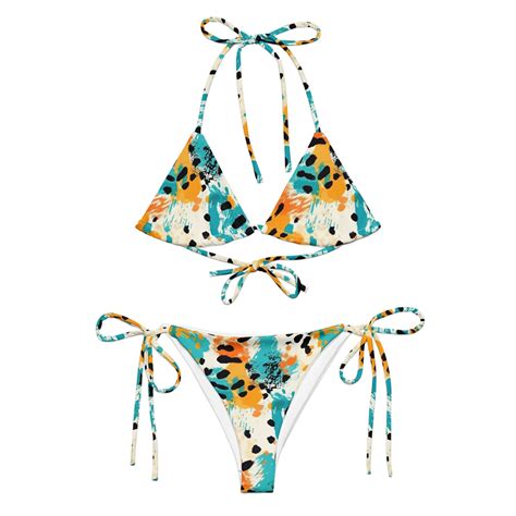 Animal Print Side Tie String Bikini Set Teal And Gold Womens Minimal