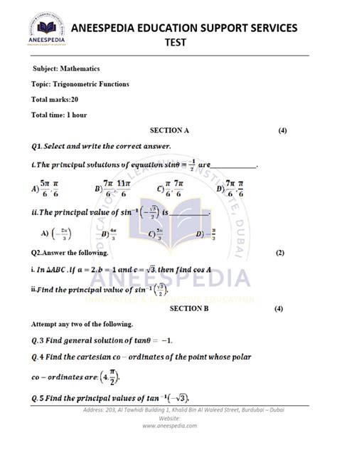 12 Msb Maths Test Trigonometric Functions Pdf
