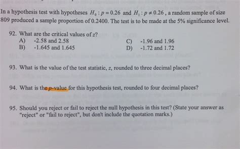 solved in a hypothesis test with hypotheses ho p 0 26