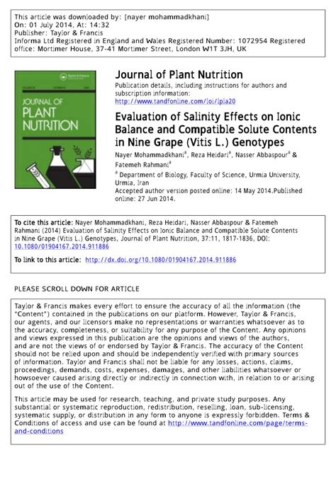 Pdf Evaluation Of Salinity Effects On Ionic Balance And Compatible