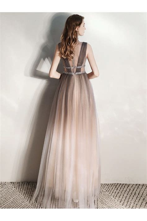 Sexy Beaded High Neck Flowy Long Tulle Prom Dress With Sheer Vneck Open