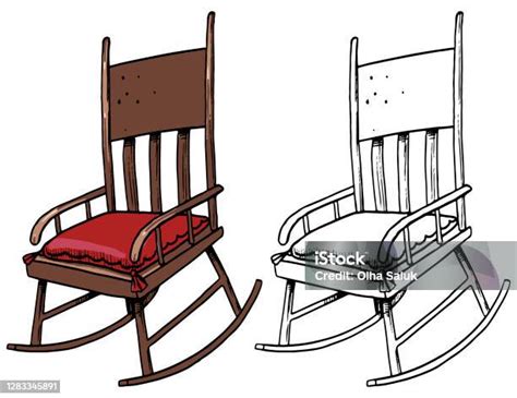 나무 흔들 의자의 낙서 손으로 그린 벡터 그림 사실적인 빈티지 스케치 흰색으로 분리된 검은색 윤곽및 색상 요소 집합입니다 디자인 장식 인쇄 카드 스티커 포스터용 가구에 대한