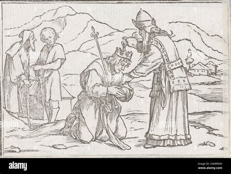 Samuel Anoints Saul As King Saul Kneels Before Samuel With A Crown On