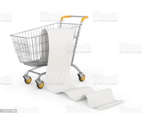 흰색 배경에 분리 된 영수증이있는 쇼핑 카트 3d 일러스트레이션 3차원 형태에 대한 스톡 사진 및 기타 이미지 3차원 형태