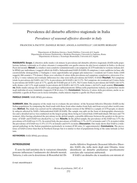 Pdf Prevalence Of Seasonal Affective Disorder In Italy