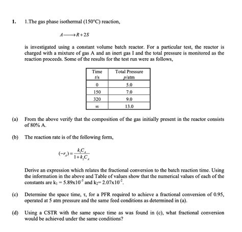 Solved The Gas Phase Isothermal C Reaction A R S Is Investigated Using A Constant