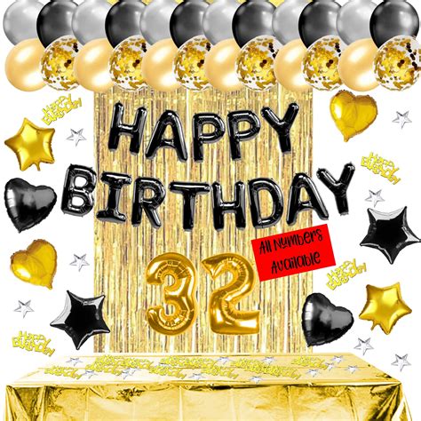 32nd Birthday Decorations Birthday Party Supplies Gold Black Etsy