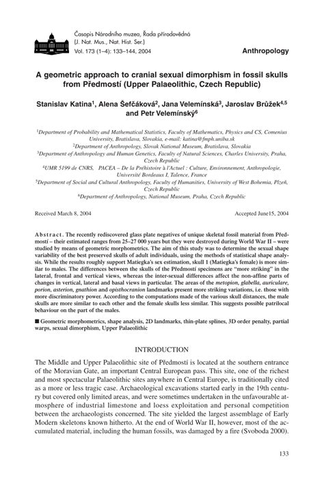 Pdf A Geometric Approach To Cranial Sexual Dimorphism In Fossil Skulls From Předmostí Upper