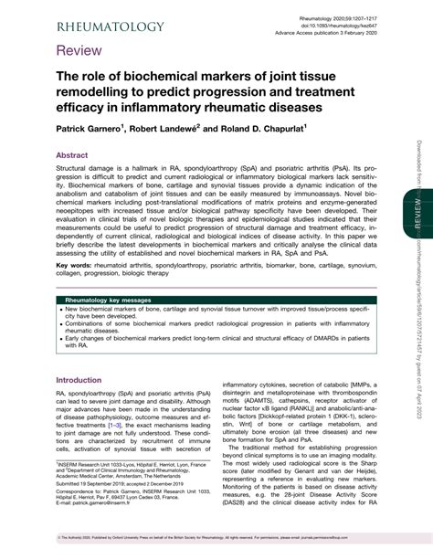 Pdf The Role Of Biochemical Markers Of Joint Tissue Remodelling To