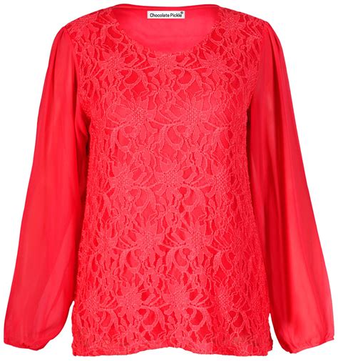 New Ladies Plus Size Chiffon Sheer Long Sleeve Lace Tunic Blouse Tops