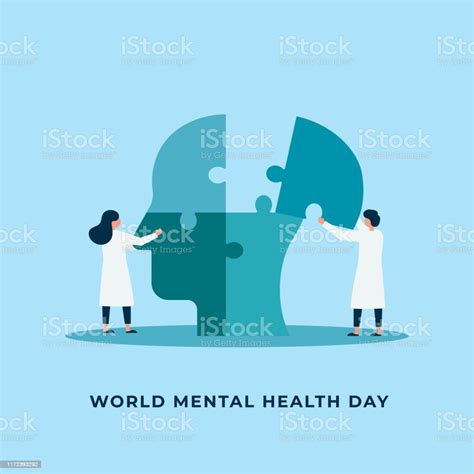 정신 건강 치료 벡터 그림입니다 심리학 전문 의사는 세계 정신 건강의 날 포스터 배경 개념에 대한 인간의 머리 직소 조각 퍼즐을