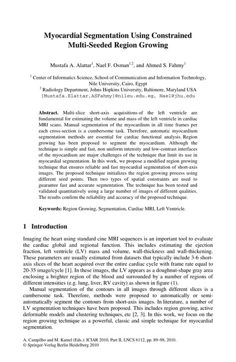 PDF Myocardial Segmentation Using Constrained Multi Seeded Region Growing