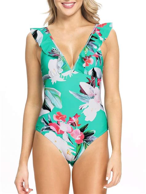 Buy Amicabling Front Ruffle Sleeve Sexy One Piece Swimsuit V Plunge Tummy Floral Bathing Suit