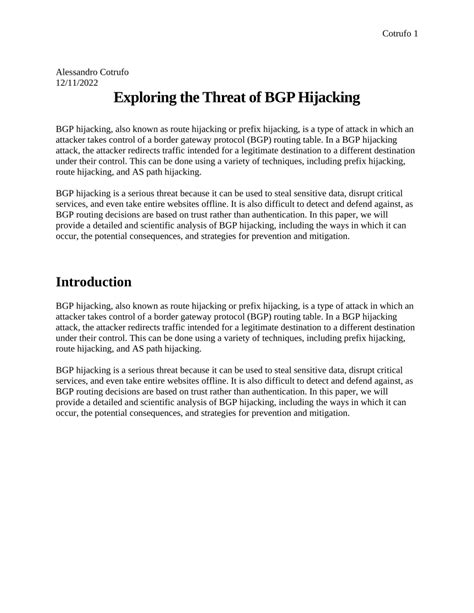 Pdf Exploring The Threat Of Bgp Hijacking