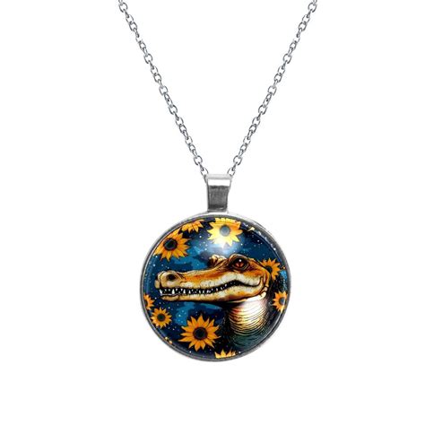 Crocodile Elegant Circular Glass Pendant Necklace Stylish Necklaces