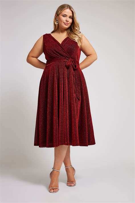 Yours London Plus Size Red Metallic Wrap Skater Dress Yours Clothing