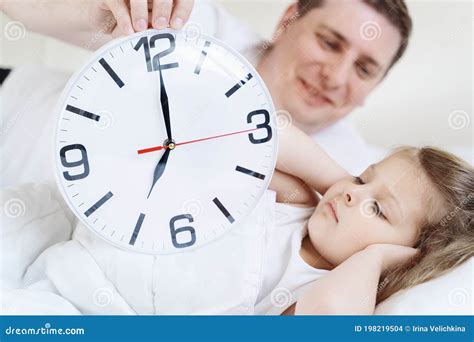 Dad Wakes Up Little Sleeping In Bed Girldaughter Big Alarmclock