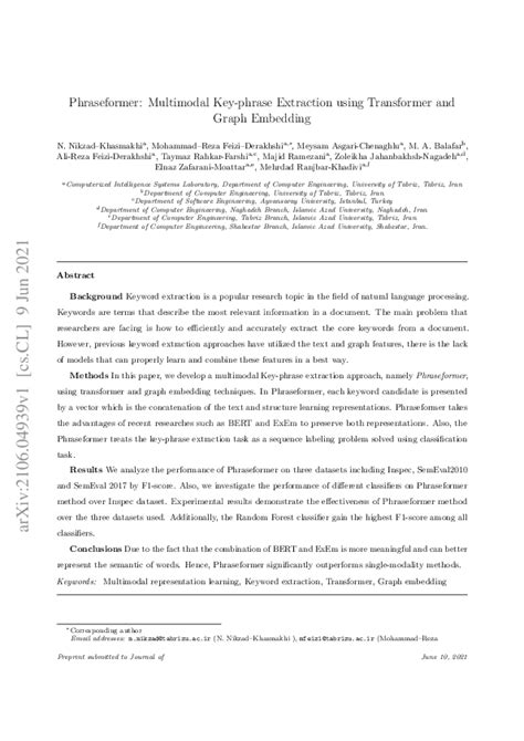 Pdf Phraseformer Multimodal Key Phrase Extraction Using Transformer