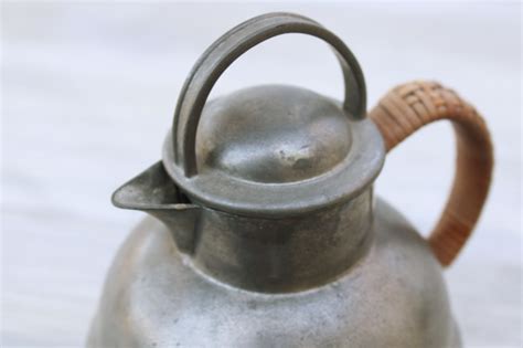Vintage Pewter Coffee Pot W Wicker Handle Tarnished Patina Rustic