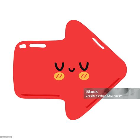 귀여운 재미 있는 빨간색 화살표 아이콘입니다 벡터 손으로 그린 만화 Kawaii 캐릭터 그림 아이콘입니다 흰색 배경에 격리 빨간색 화살표 오른쪽 방향 0명에 대한 스톡 벡터