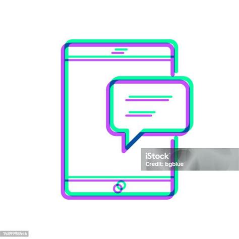 말풍선이 있는 태블릿 Pc 흰색 배경에 두 가지 색상이 오버레이된 아이콘 Brand Name Online Messaging
