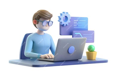 3d icon of programmer coding on laptop in tech office camera pans