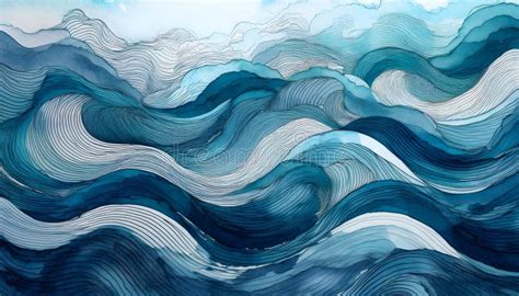 Abstract Blue Waves Blend Watercolor Textures And Detailed Line Art Creating A Dynamic And