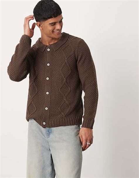 Asos Design Gilet En Maille Torsadée Avec Col Marron Asos