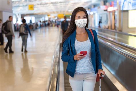 Travel Vaccine Passport Asian Woman Tourist Wearing Mask At Airport