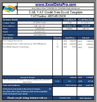 Download UAE VAT Credit Note Excel Template ExcelDataPro