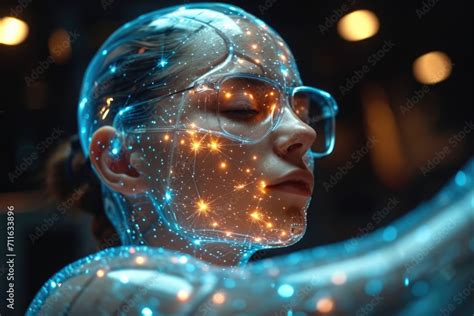 The Girl S Face Is Covered With Strands Of An Electronic Neural