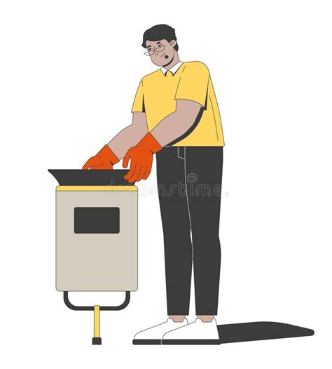 Arab Man In Gloves Removing Trash Bag From Waste Bin 2D Cartoon