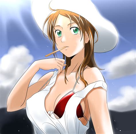 Safebooru 1girl Ahoge Breasts Brown Hair Cleavage Clouds Collarbone