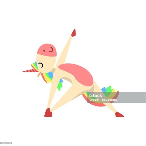 삼각형 위치에 재미 유니콘 무지개 갈기와 꼬리와 판타지 아름 다운 말 캐릭터 연습 요가 운동 벡터 일러스트 레이 션 귀여운에