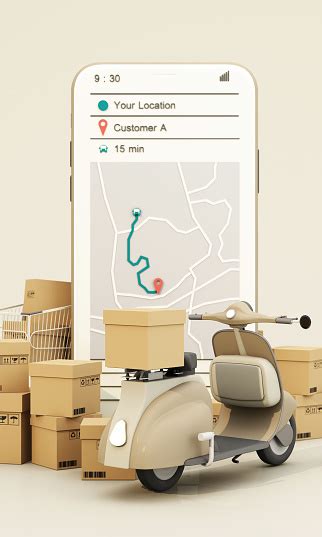 모바일 스쿠터 자전거와 밴에 의해 빠른 배달 전자 상거래 개념 경로지도와 온라인 음식 및 쇼핑 상자 상자 주문 웹 페이지 앱 디자인 흰색 갈색 배경 수직 프레임 3d 렌더링