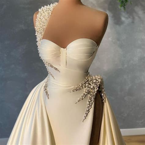 HW418 One Shoulder Pearls Satin Bridal Gown With Overskirt Satin Bridal Gowns Bridal Gowns