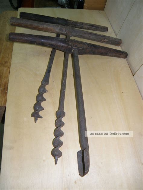 Drei Historische Handbohrer Zimmermann Werkzeug Bohrer Für Holz Antik