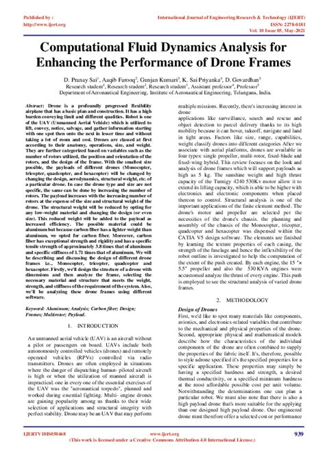 Pdf Computational Fluid Dynamics Analysis For Enhancing The Performance Of Drone Frames