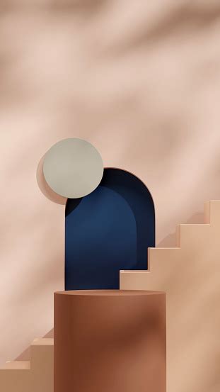 파란색 아치와 회색 원 배경 3d 렌더링이 있는 초상화에 있는 갈색 연단의 모형 템플릿 0명에 대한 스톡 사진 및 기타 이미지 0명 3차원 형태 강단 Istock