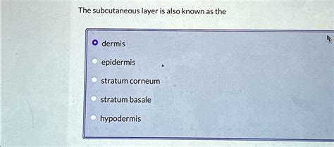 The Subcutaneous Layer Is Also Known As The • Dermis Epidermis Stratum Corneum Stratum Basale
