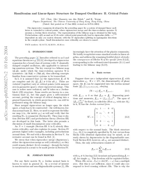 Pdf Hamiltonian And Linear Space Structure For Damped Oscillators Ii Critical Points