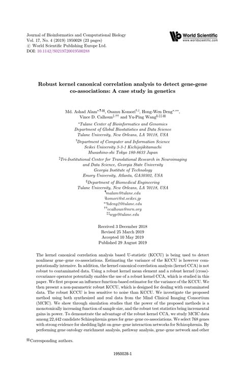 Pdf Robust Kernel Canonical Correlation Analysis To Detect Gene Gene Co Associations A Case